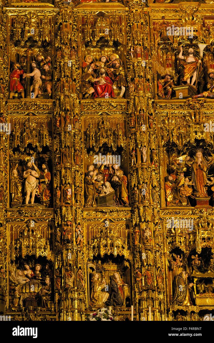 Retablo Mayor, reredos gilded relief panels, Seville Cathedral ...