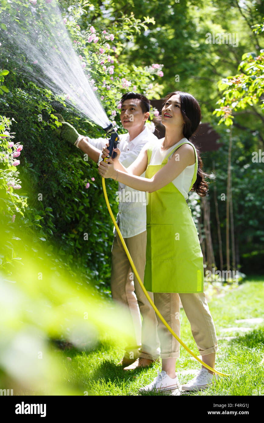 The young couple are repairing the garden Stock Photo - Alamy
