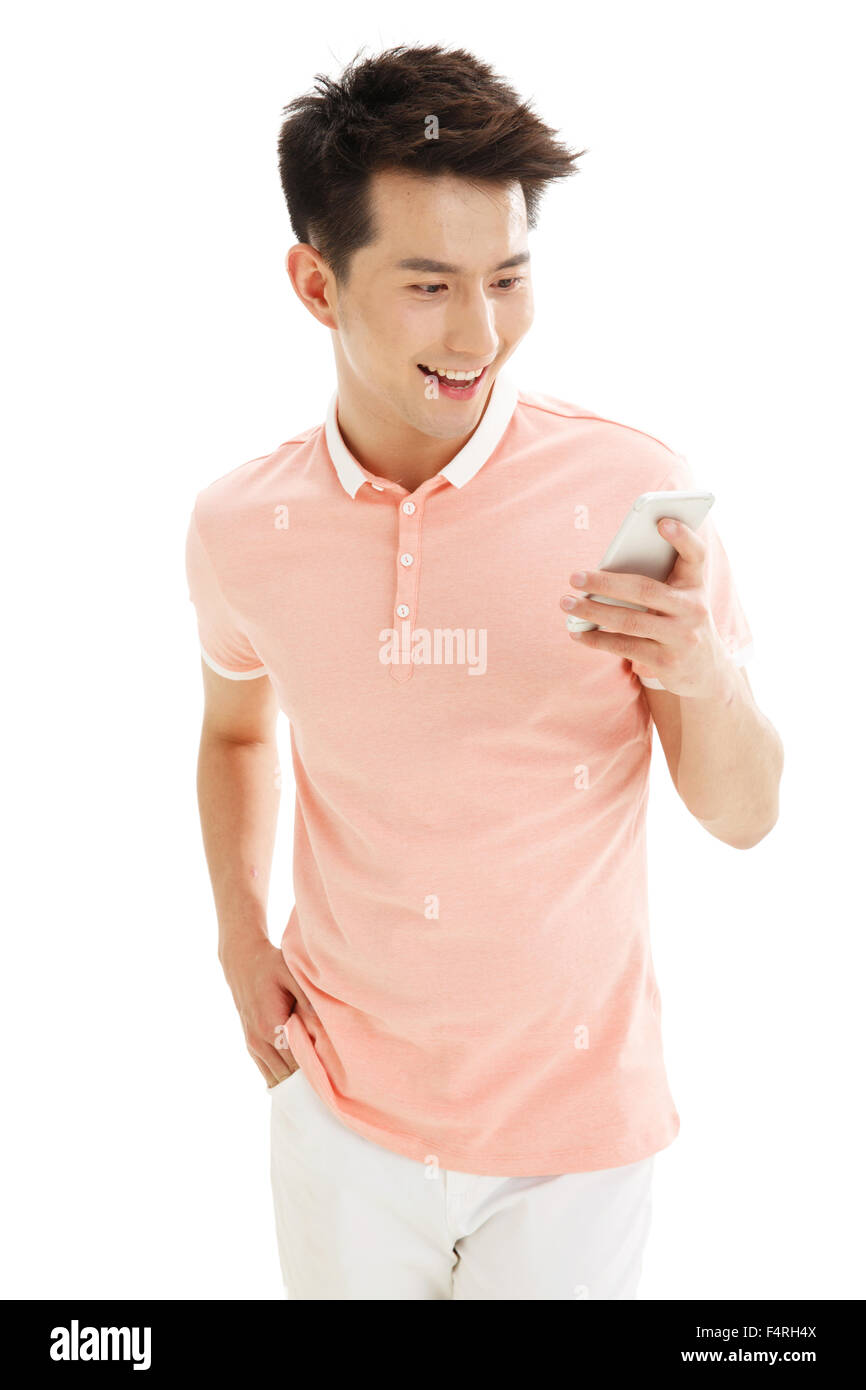 Young men watching mobile phones Stock Photo - Alamy