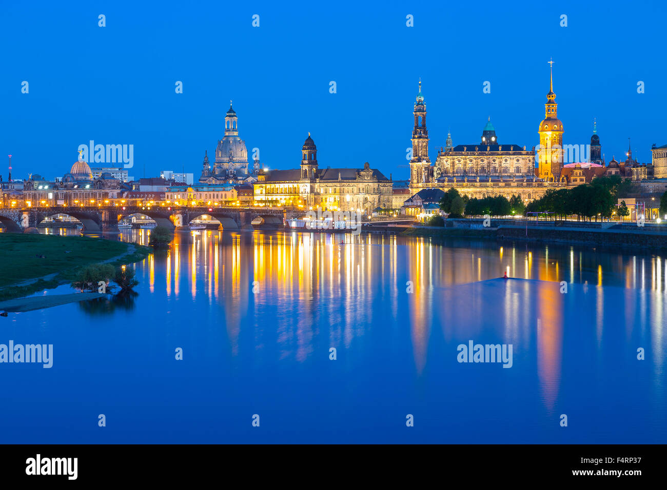 View of city across river Elbe from Marienbrücke, Dresden, Saxony ...