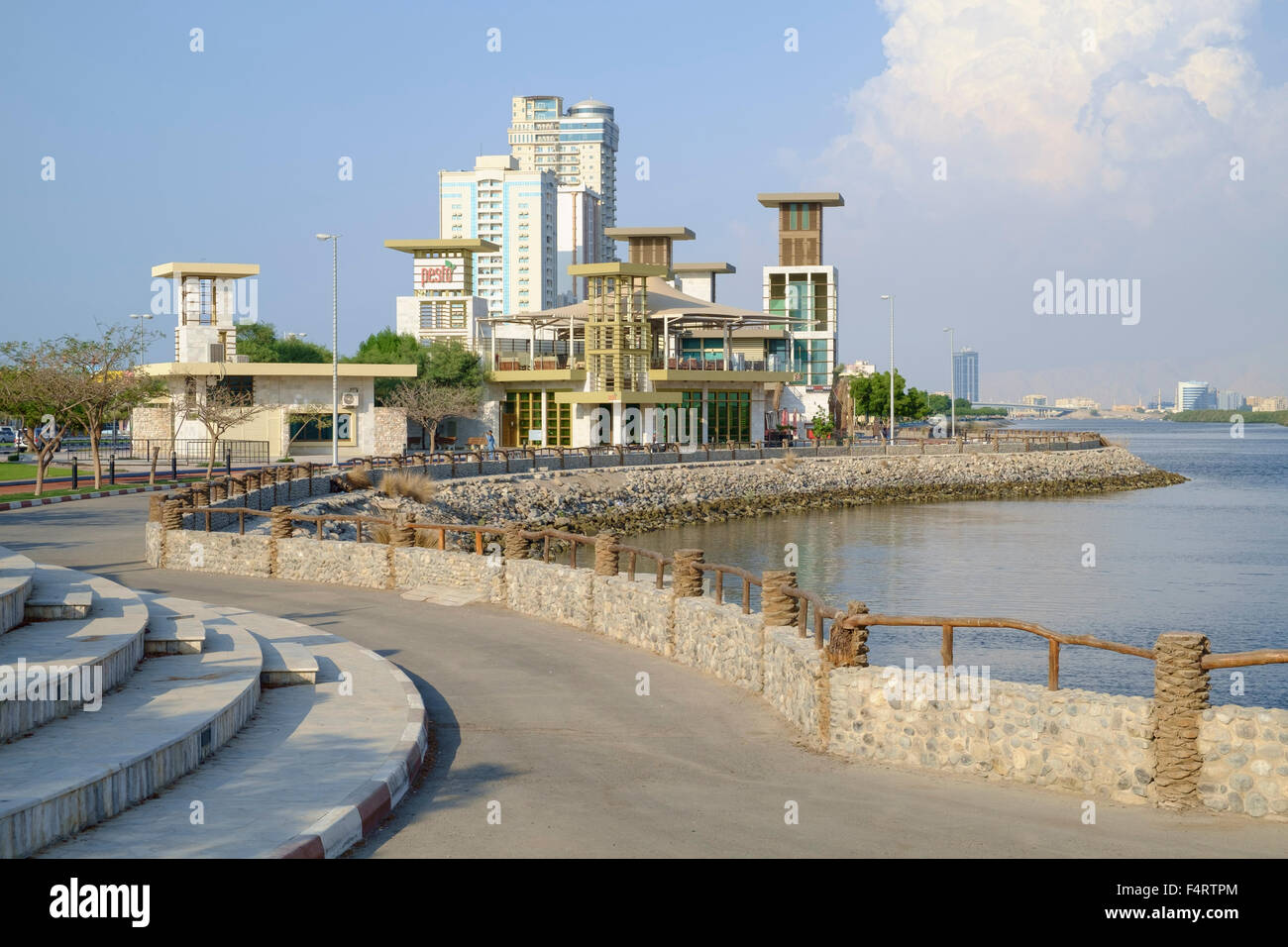 Modern public pavilion buildings and skyline on Corniche in Ras al ...