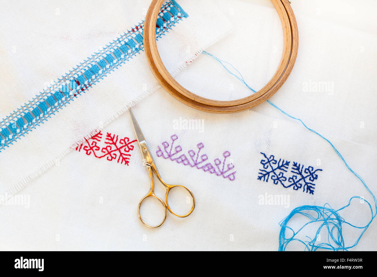 Samples Ukrainian embroidery, unfinished work in progress and tools for ...