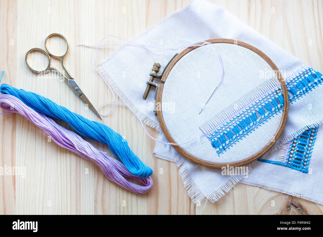 Openwork embroidery, incomplete work in progress and tools for ...