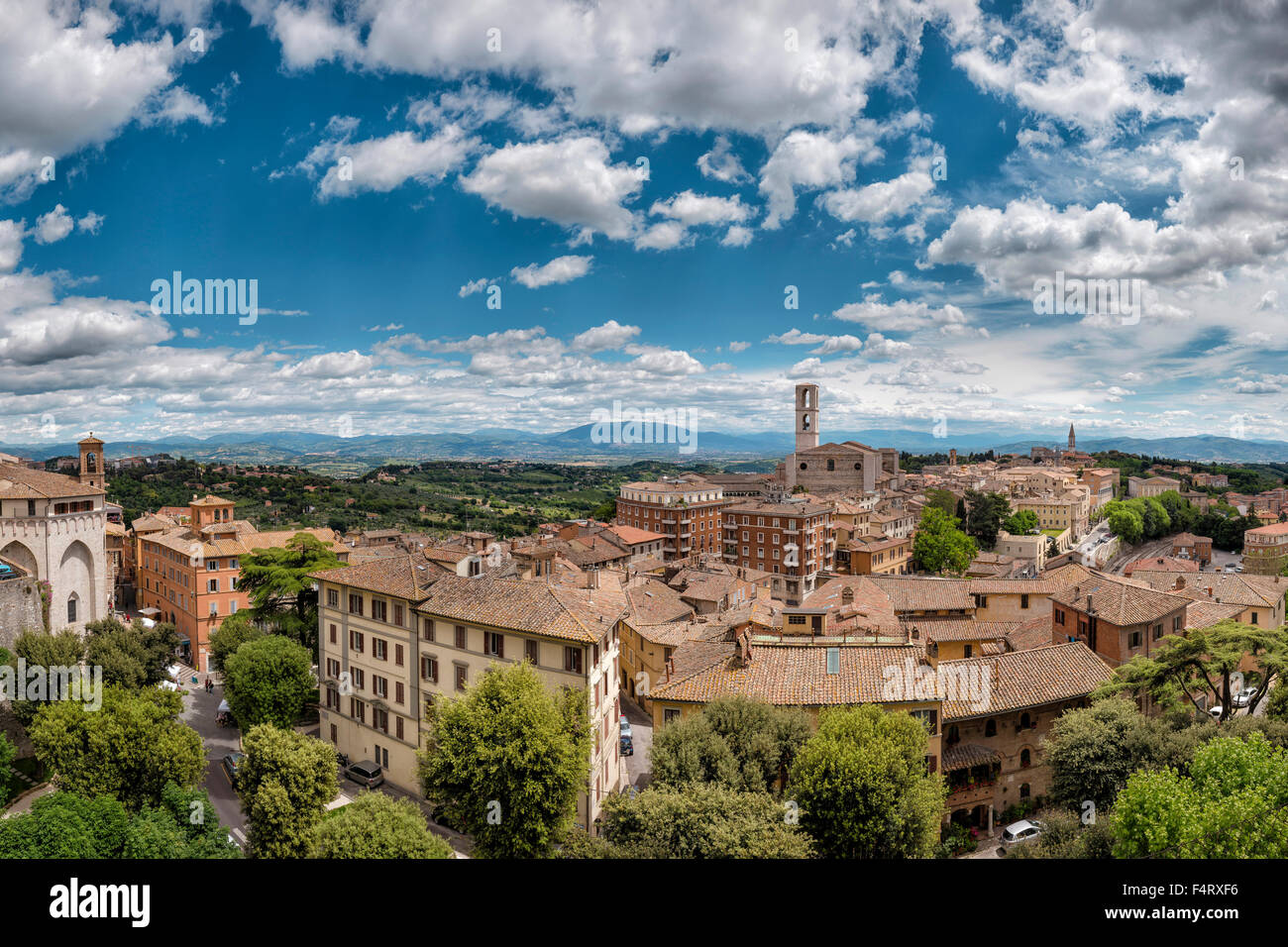 Italy, Europe, Perugia, Umbria, View, Giardini Carducci, village ...
