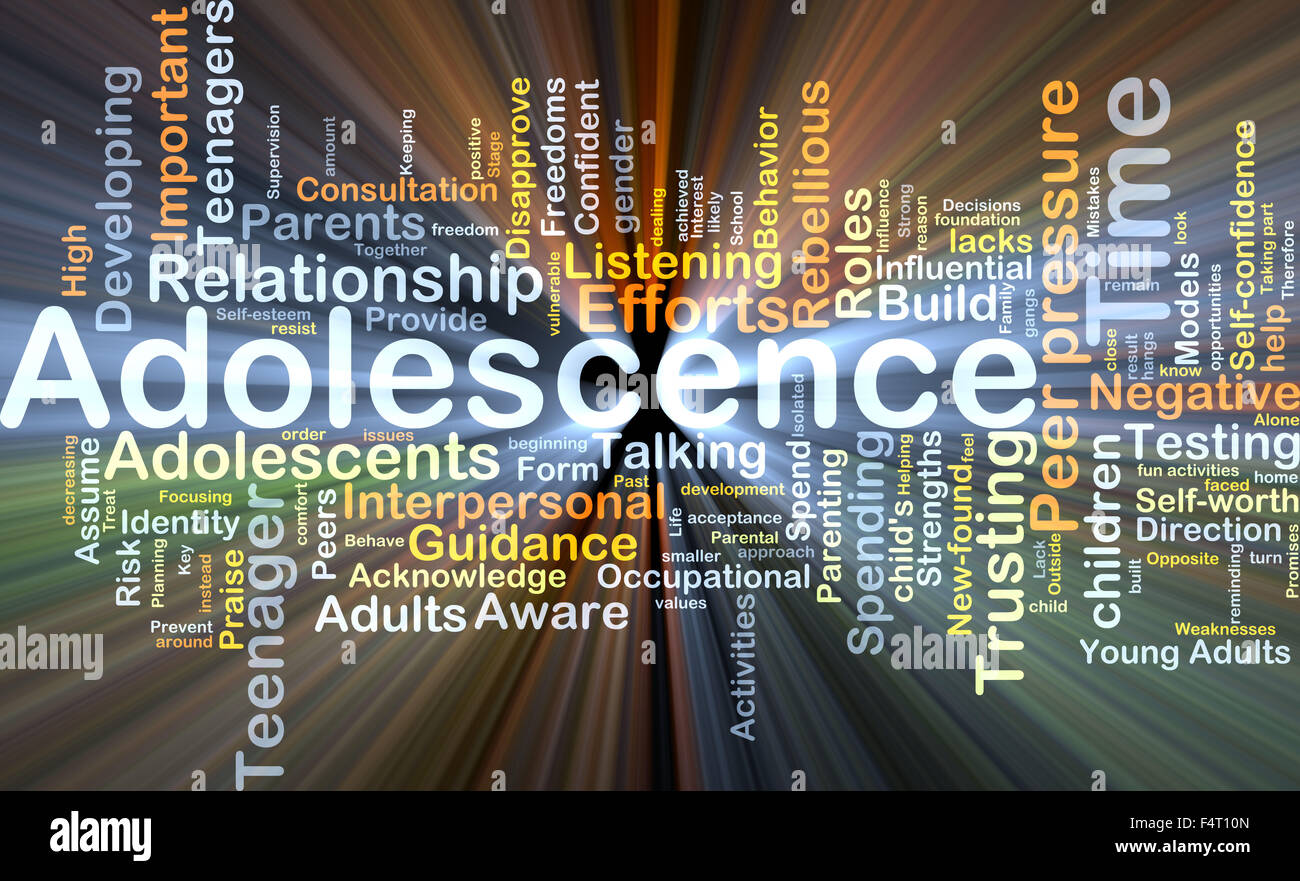 Background concept wordcloud illustration of adolescence glowing light ...
