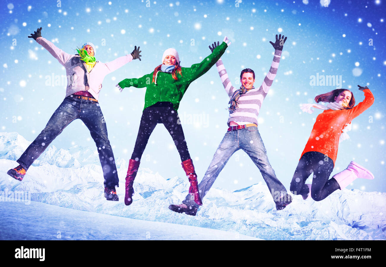 People Winter Jumping Snow Playful Concept Stock Photo - Alamy
