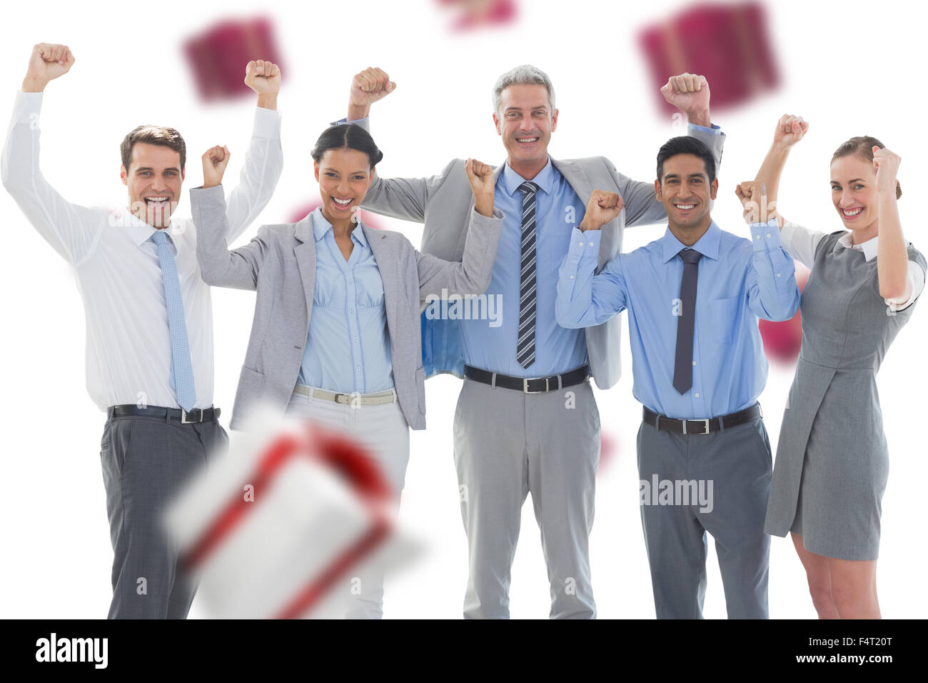 Composite image of business people cheering in office Stock Photo - Alamy