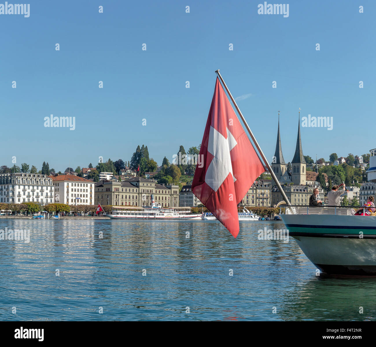 Switzerland, Europe, Luzern, Lucerne, Swiss flag, Vierwaldstättersee ...