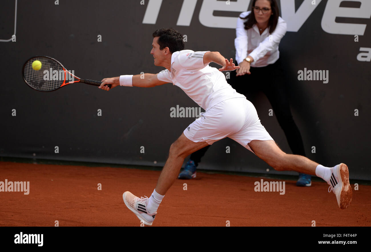 Tim Henman, former professional tennis player playing a match in the ...