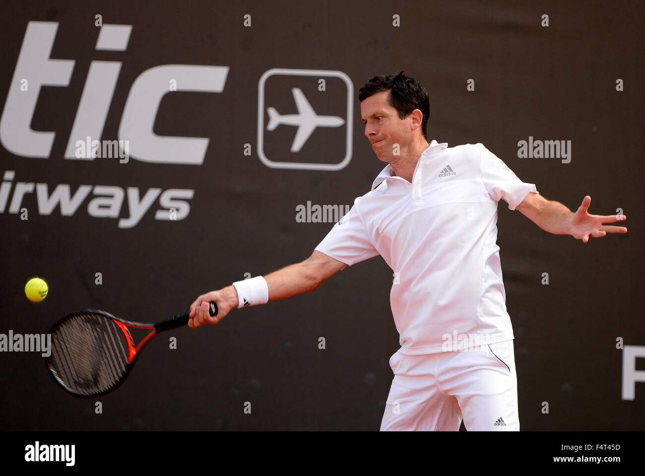 Tim Henman, former professional tennis player playing a match in the ...