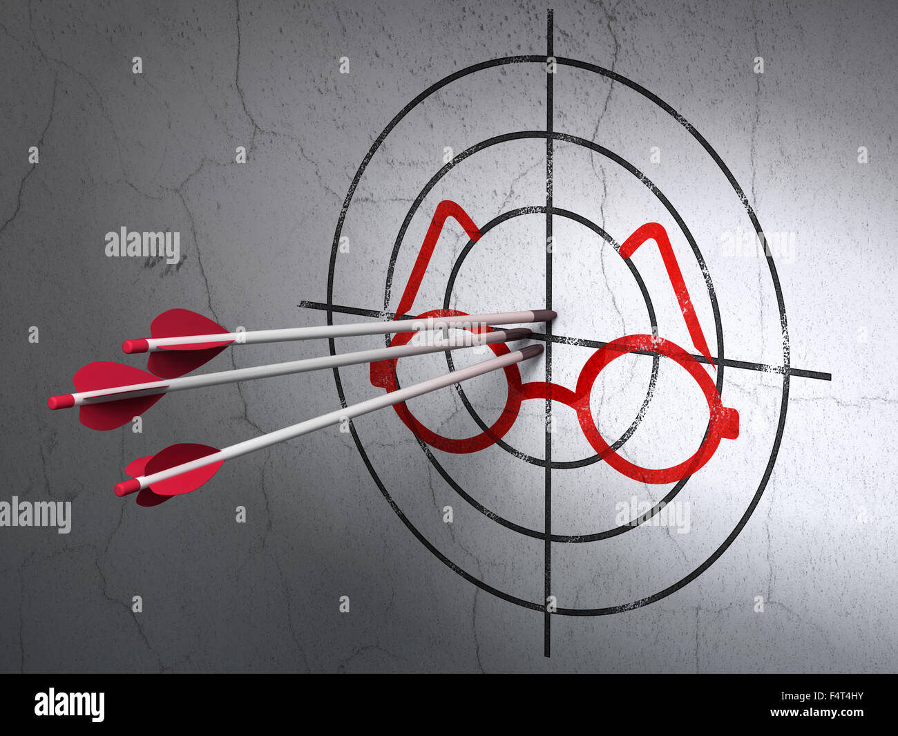 Science concept: arrows in Glasses target on wall background Stock ...