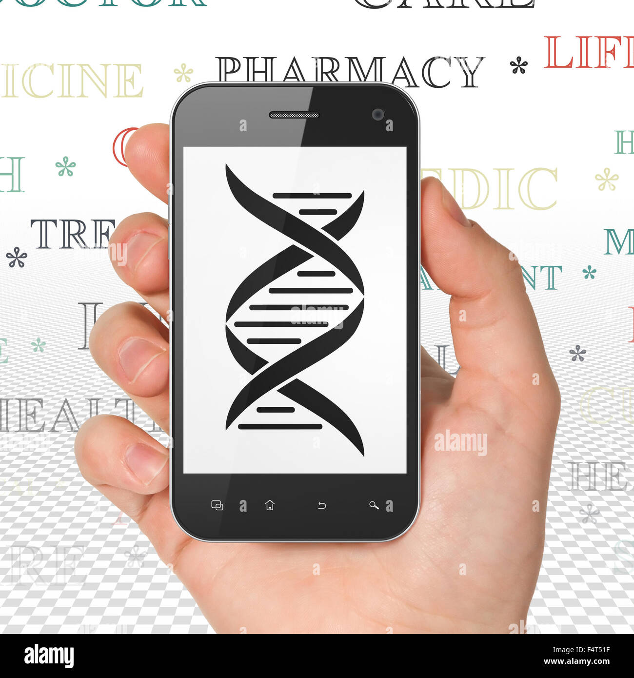 Healthcare concept: Hand Holding Smartphone with DNA on display Stock ...