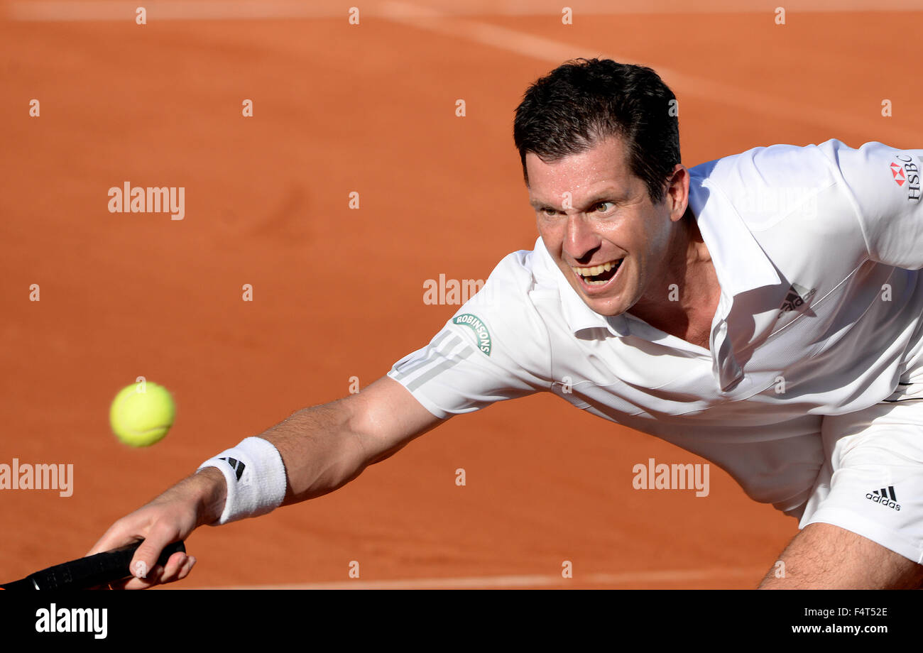 Tim Henman, former professional tennis player playing a match in the ...