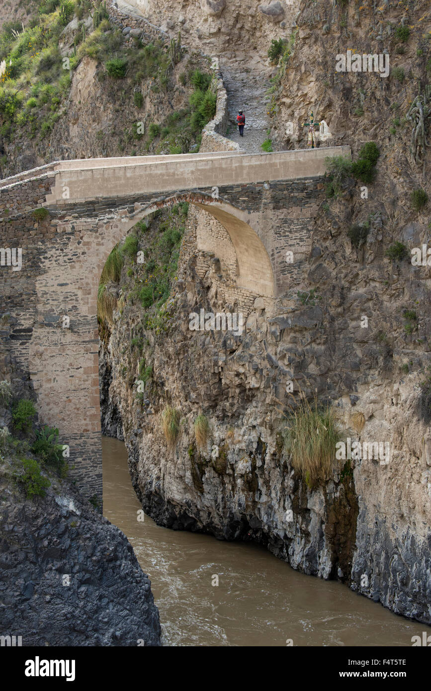 South America, Latin America, Peru, Colca Canyon, stone bridge over ...
