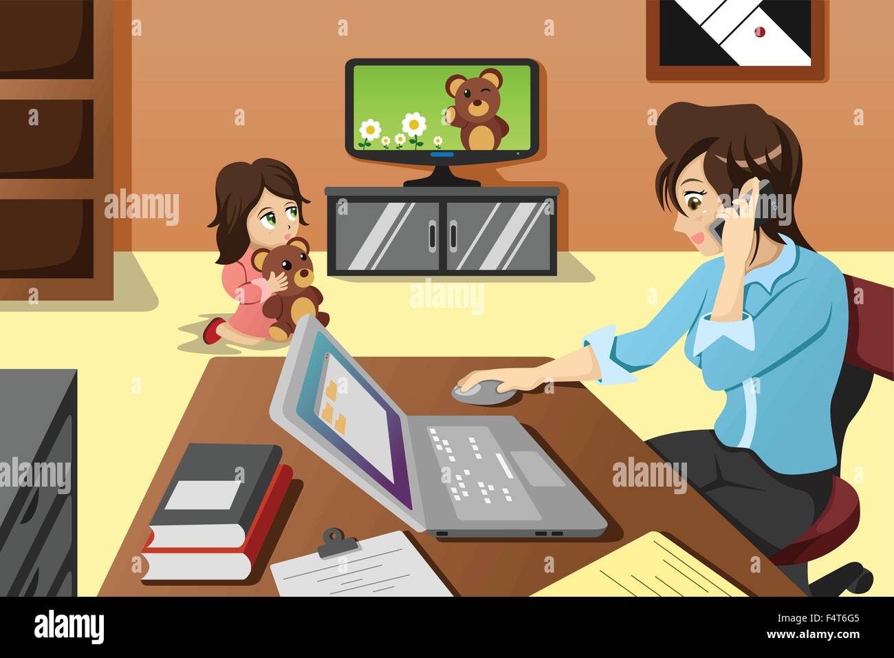A vector illustration of mother working in the office while her ...
