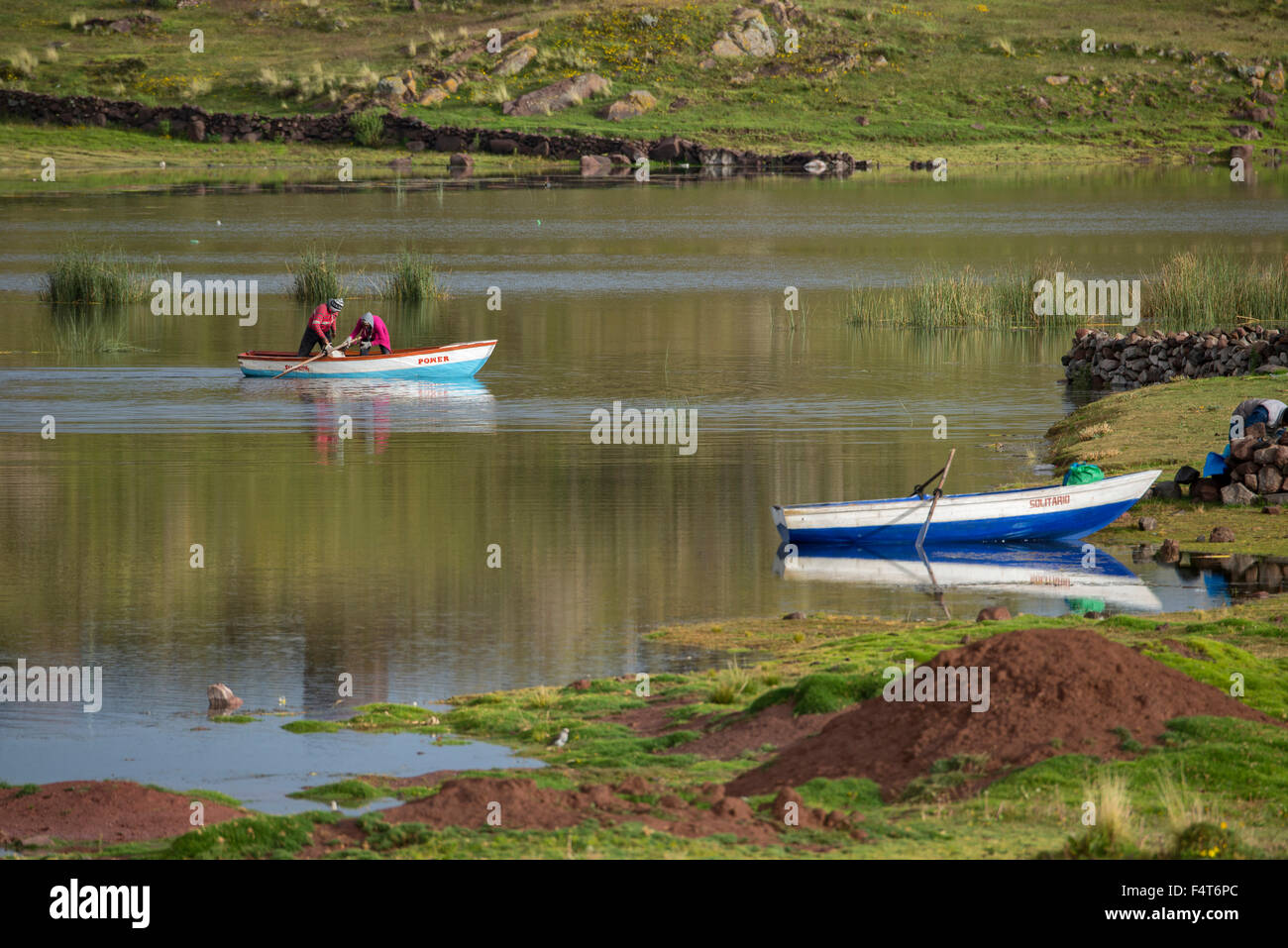 South America, Latin America, Peru, Sillustani, native people fishing ...