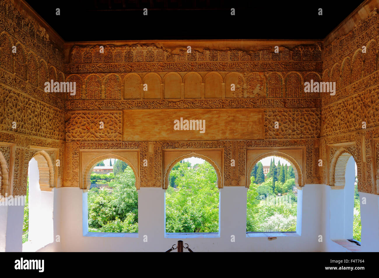 Room of the Generalife, La Alhambra, with view to the gardens Stock ...