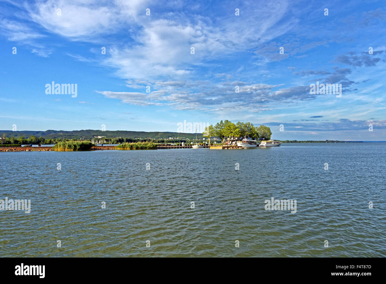 Mole, Jetty, boat, flat lake, Balaton Stock Photo - Alamy