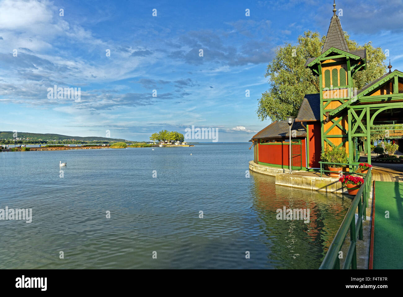 Bath island, Szigetfürdö, mole, jetty, flat lake, Balaton Stock Photo ...