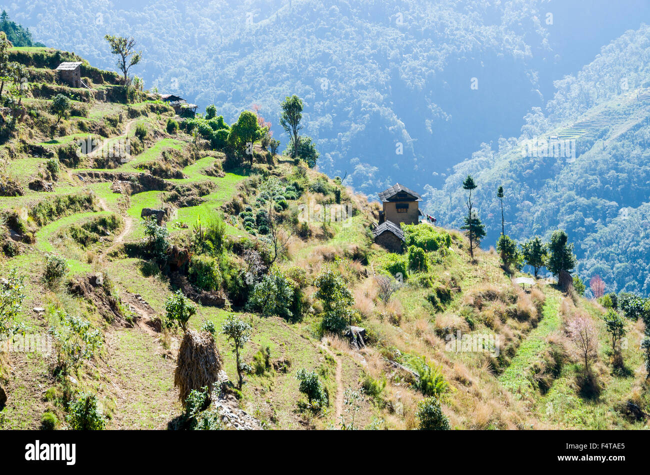 Agricultural landscape with farmers houses at the slope of a mountain ...