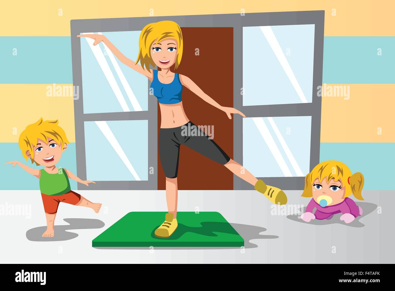 A vector illustration of mother and her kids doing exercise together ...
