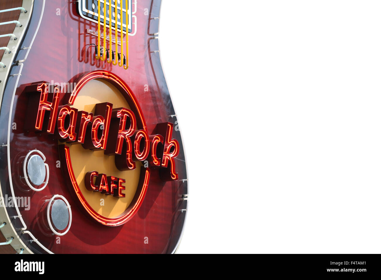 hard rock cafe guitar. Shot taken against bright cloudy sky which seems ...