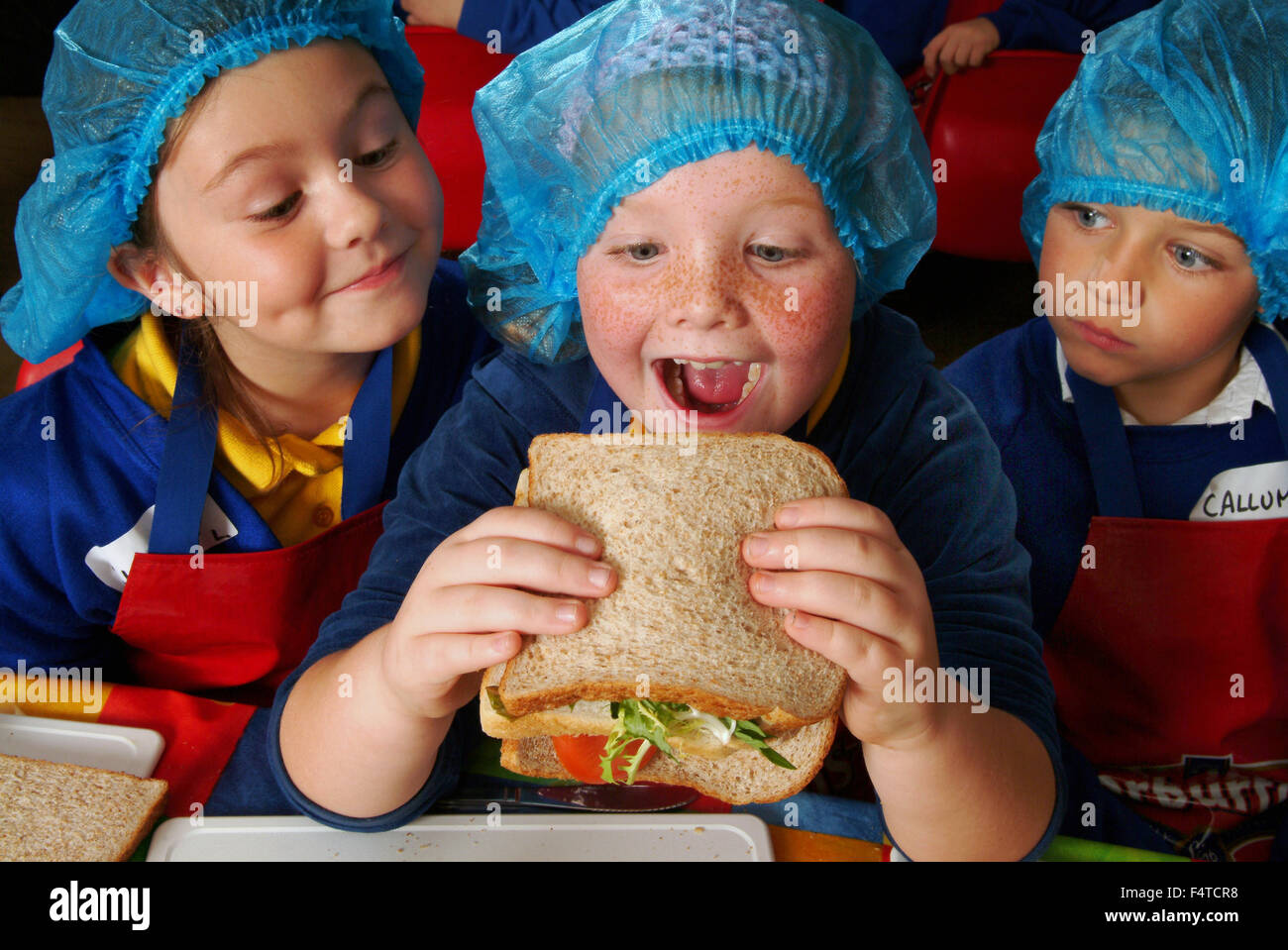 Junior school children making healthy sandwiches at a Warburtons ...
