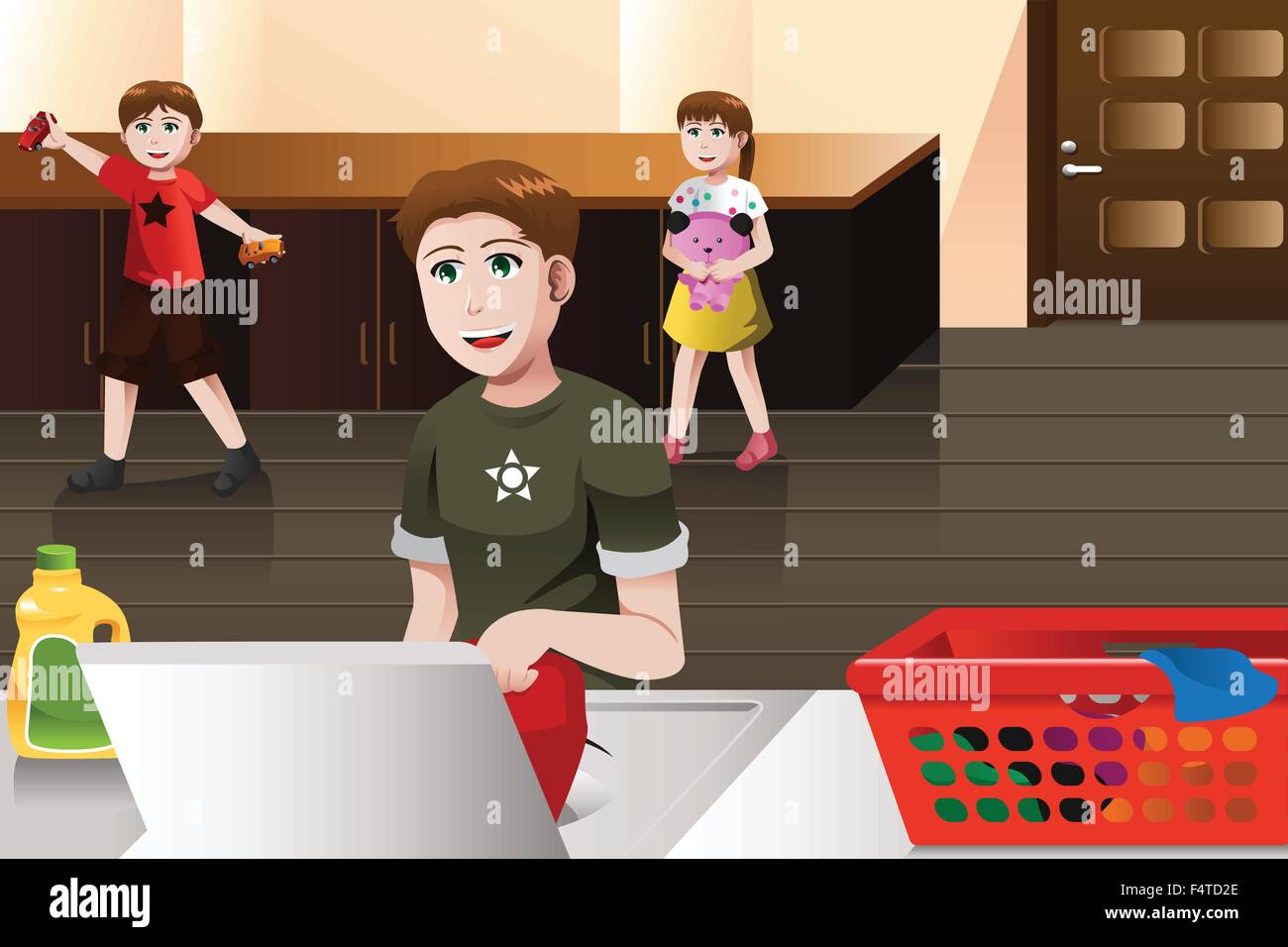 A vector illustration of father doing laundry at home while his kids ...
