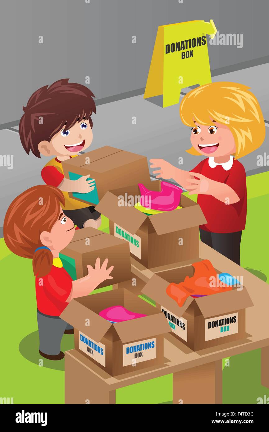 A vector illustration of a woman collecting clothing donations at ...