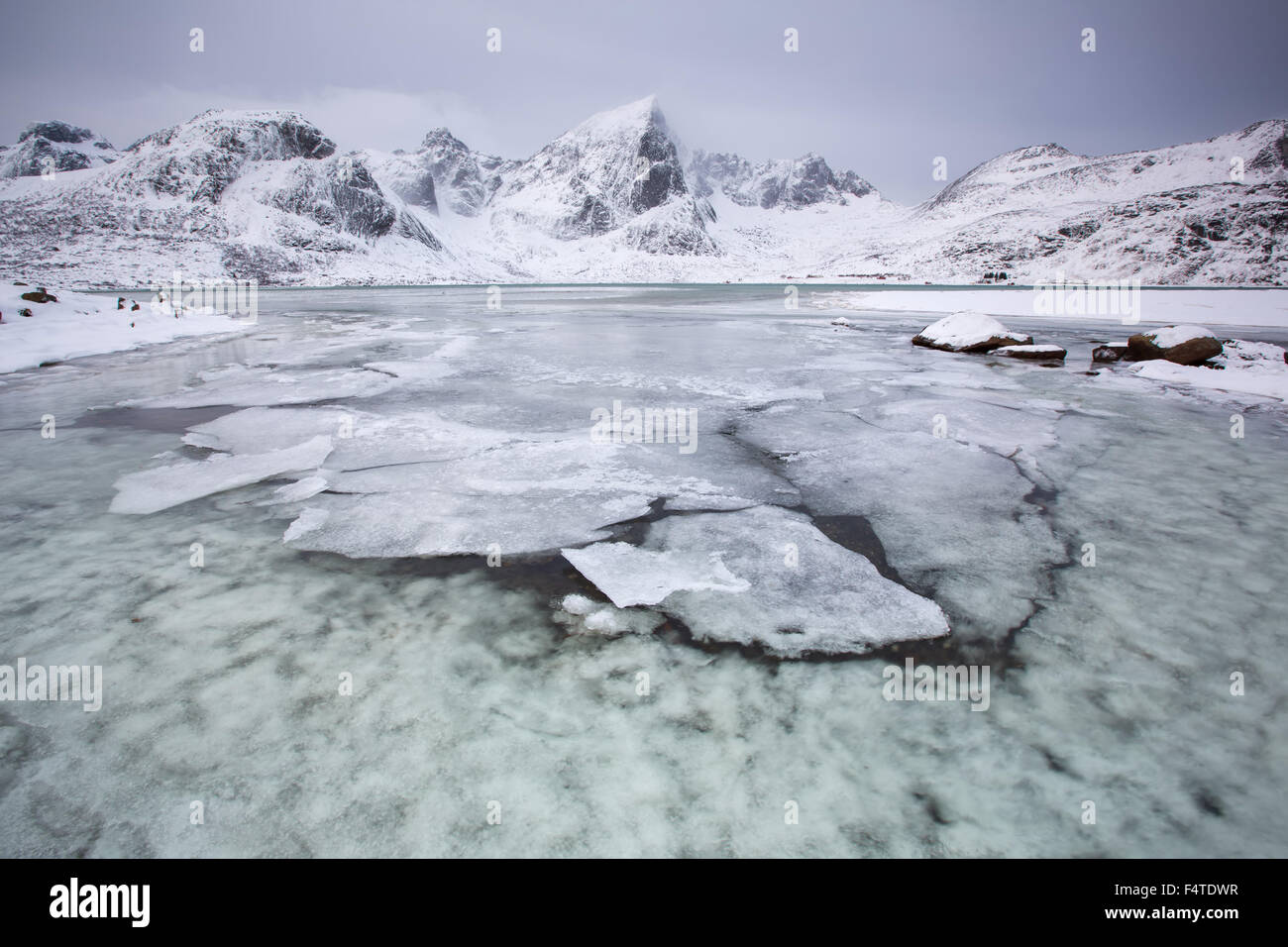 Mountains, ice, coast, scenery, landscape, Lofoten, sea, Norway, north ...