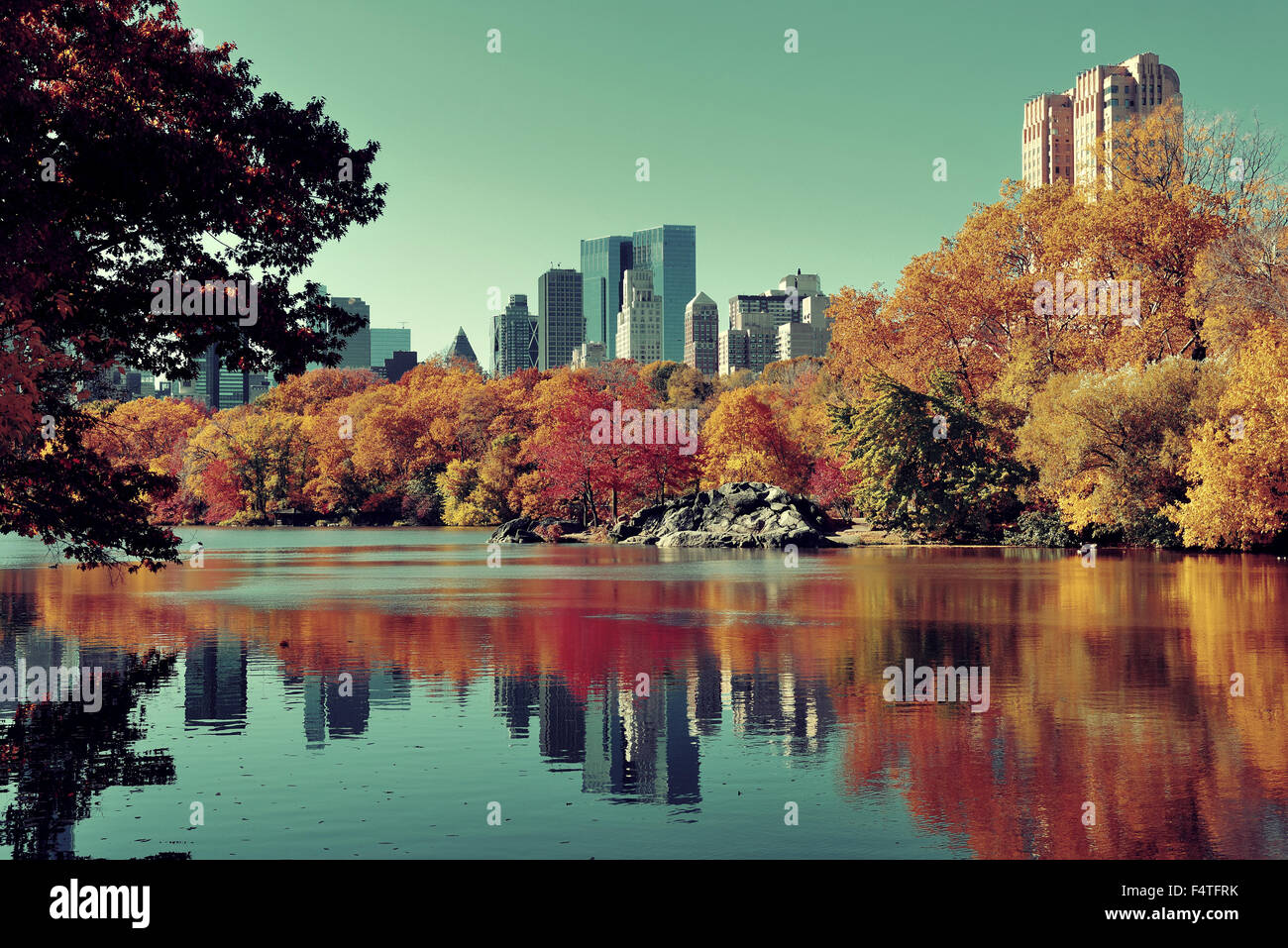 Central Park Autumn and buildings reflection in midtown Manhattan New ...