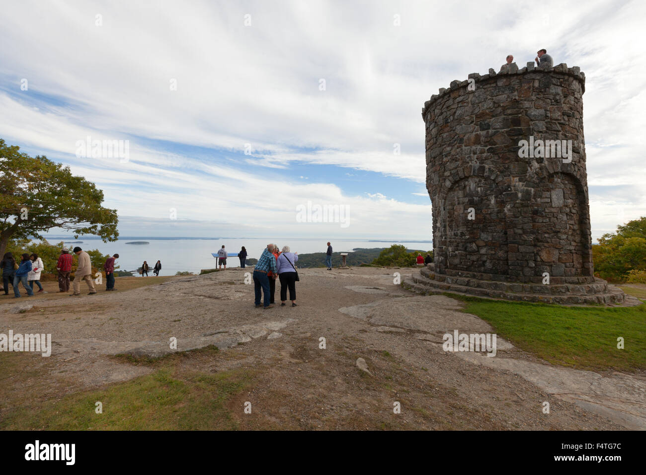 Tourists at Mt Battie stone tower, Camden Hills state park, Camden ...