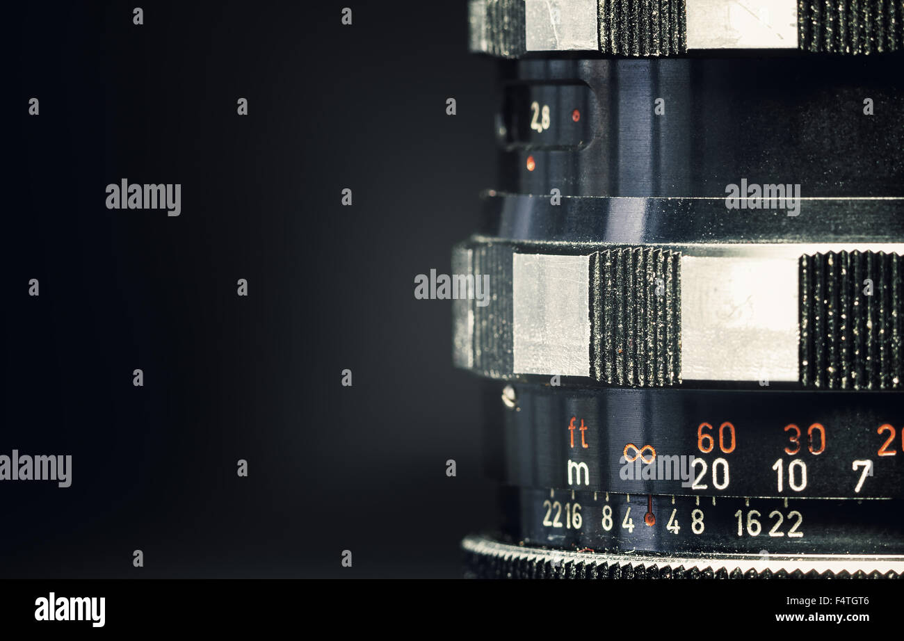 Details of an old vintage manual lens on black background Stock Photo ...