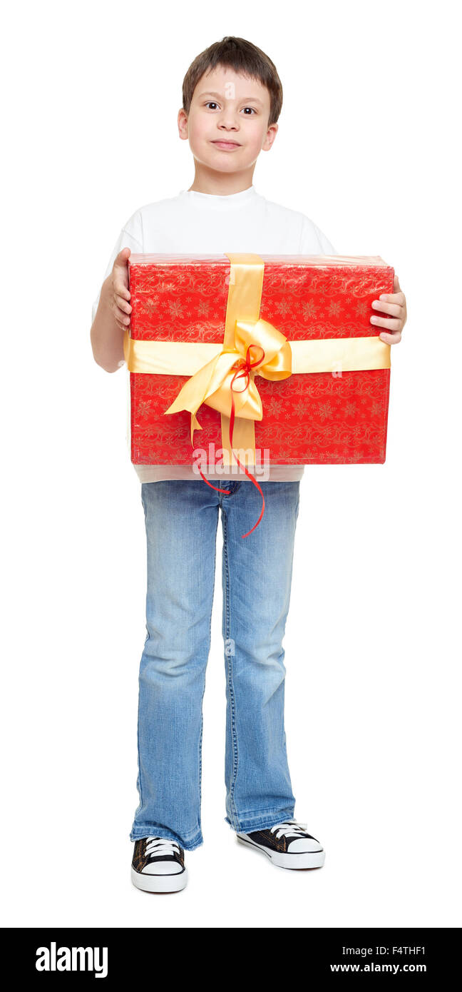 boy with red gift box and golden bow - holiday object concept isolated ...