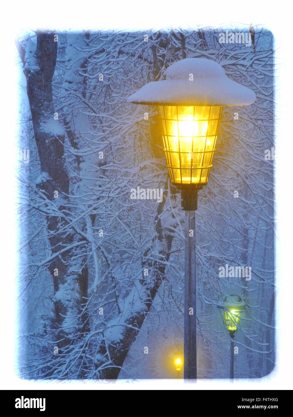Lamps, snow, night, frame, winter, cold, warm, concepts, creative Stock ...