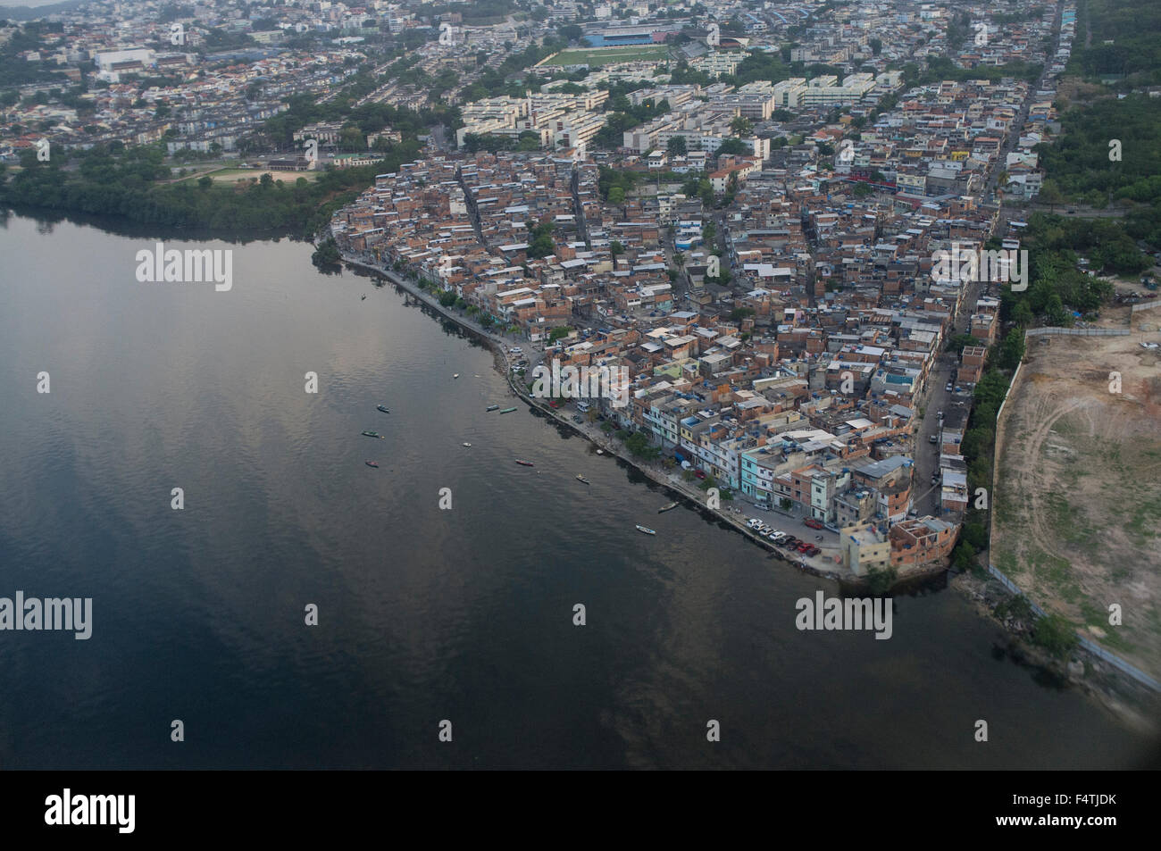 Aerial view of Guanabara bay at the border of Favela da Maré ( Mare ...