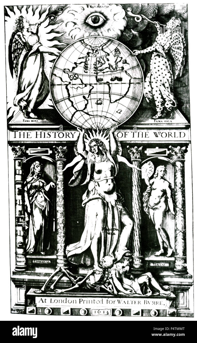 HISTORY OF THE WORLD by Sir Walter Raleigh. Title page of his 1614 book ...