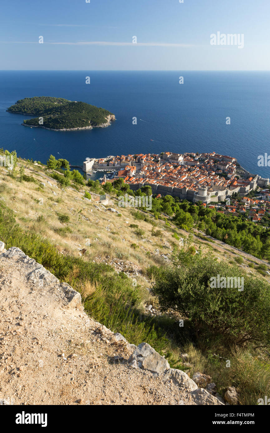 View of a slope at the Mount Srd, the walled Old Town and Lokrum Island ...