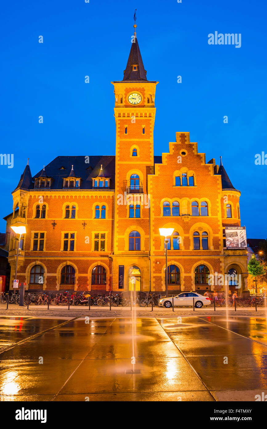Dusk, architecture, brick building, lights, illluminated, office ...