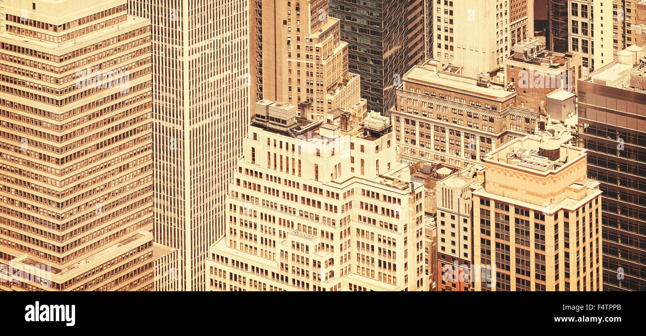 Retro style panoramic view of Manhattan windows, New York City, USA ...
