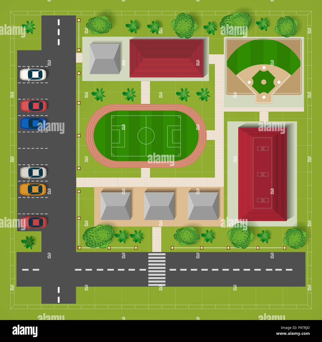 Map of a top view from the rooftops, city streets, trees and highways ...