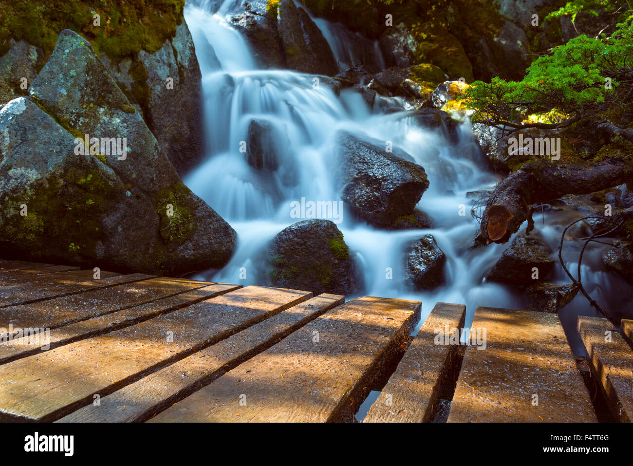 A cascade flows under a bridge on the Joffre Lakes trail in BC, Canada ...