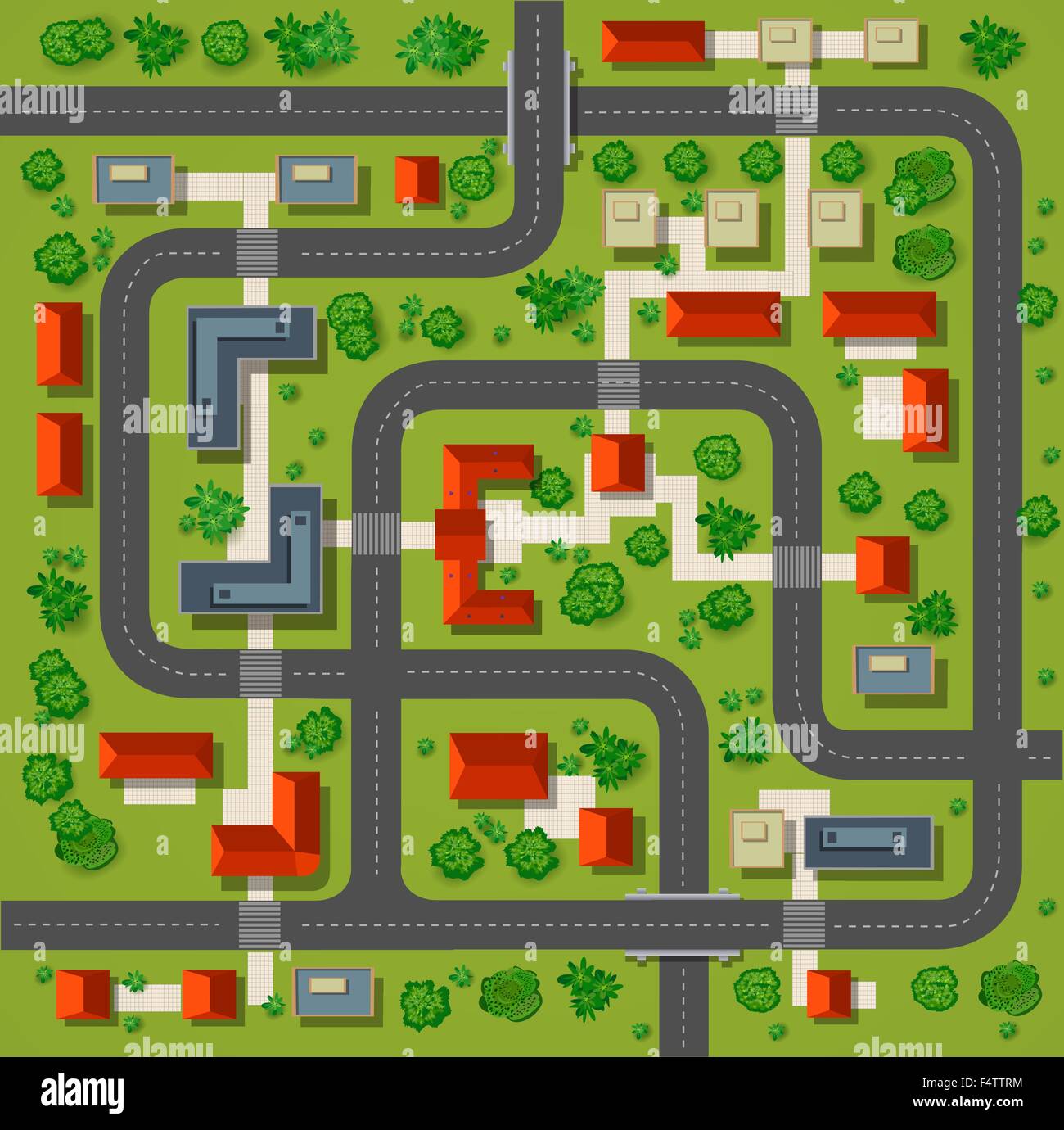Map of a top view from the rooftops, city streets, trees and highways ...