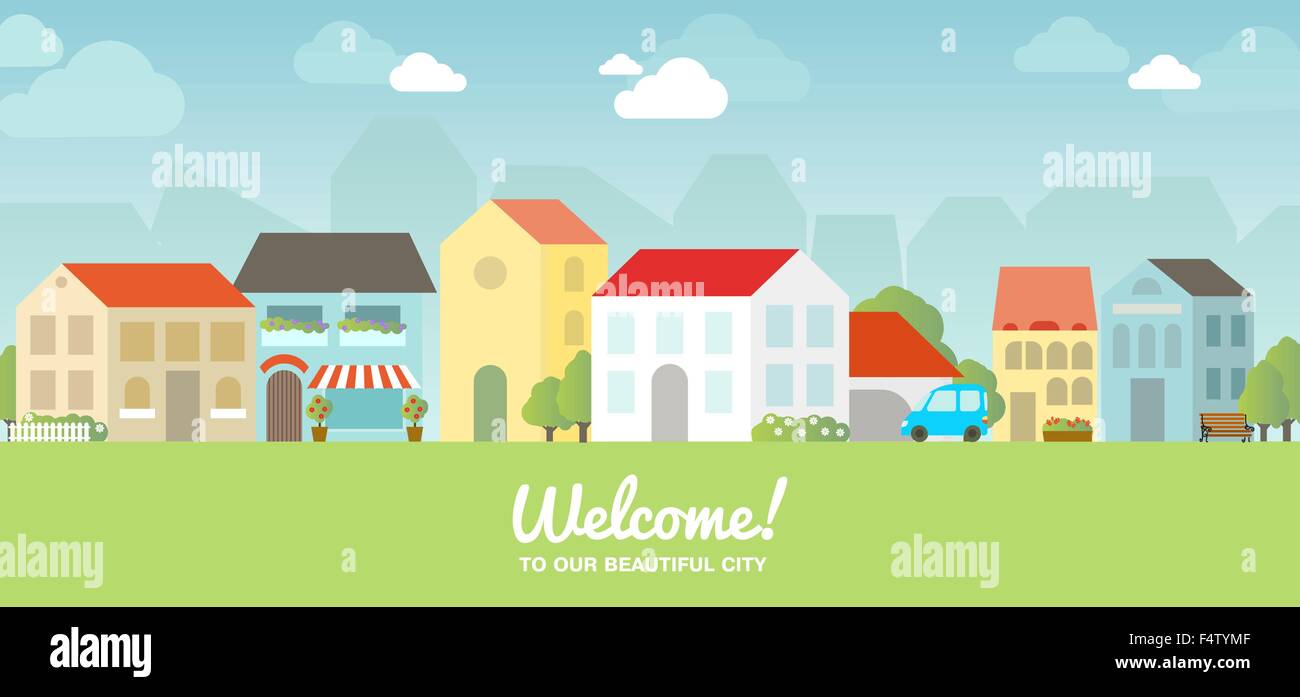 Vector city illustration in flat simple style, houses and buildings on ...