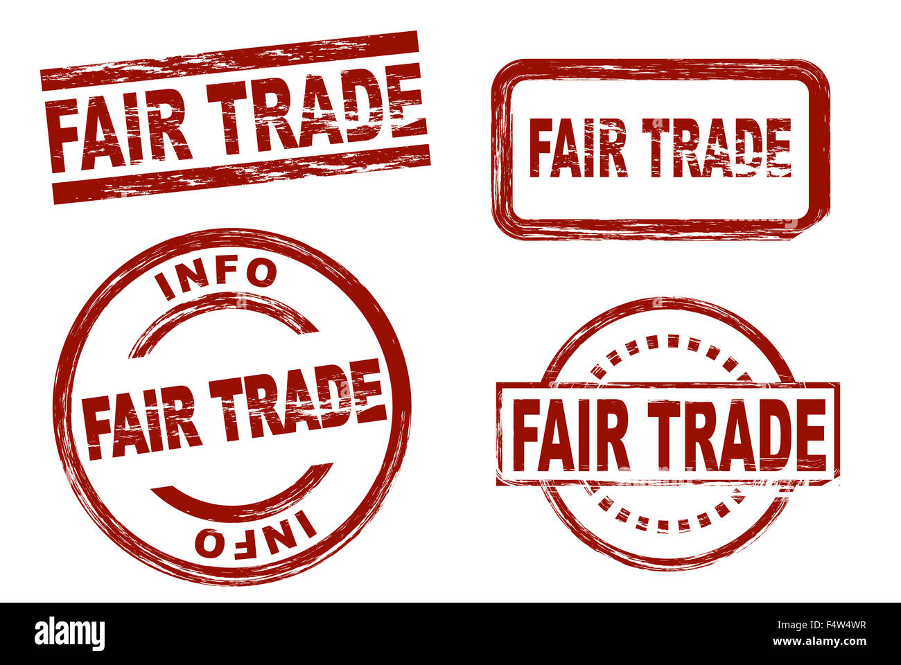 Set of stylized red stamps showing the term fair trade. All on white ...
