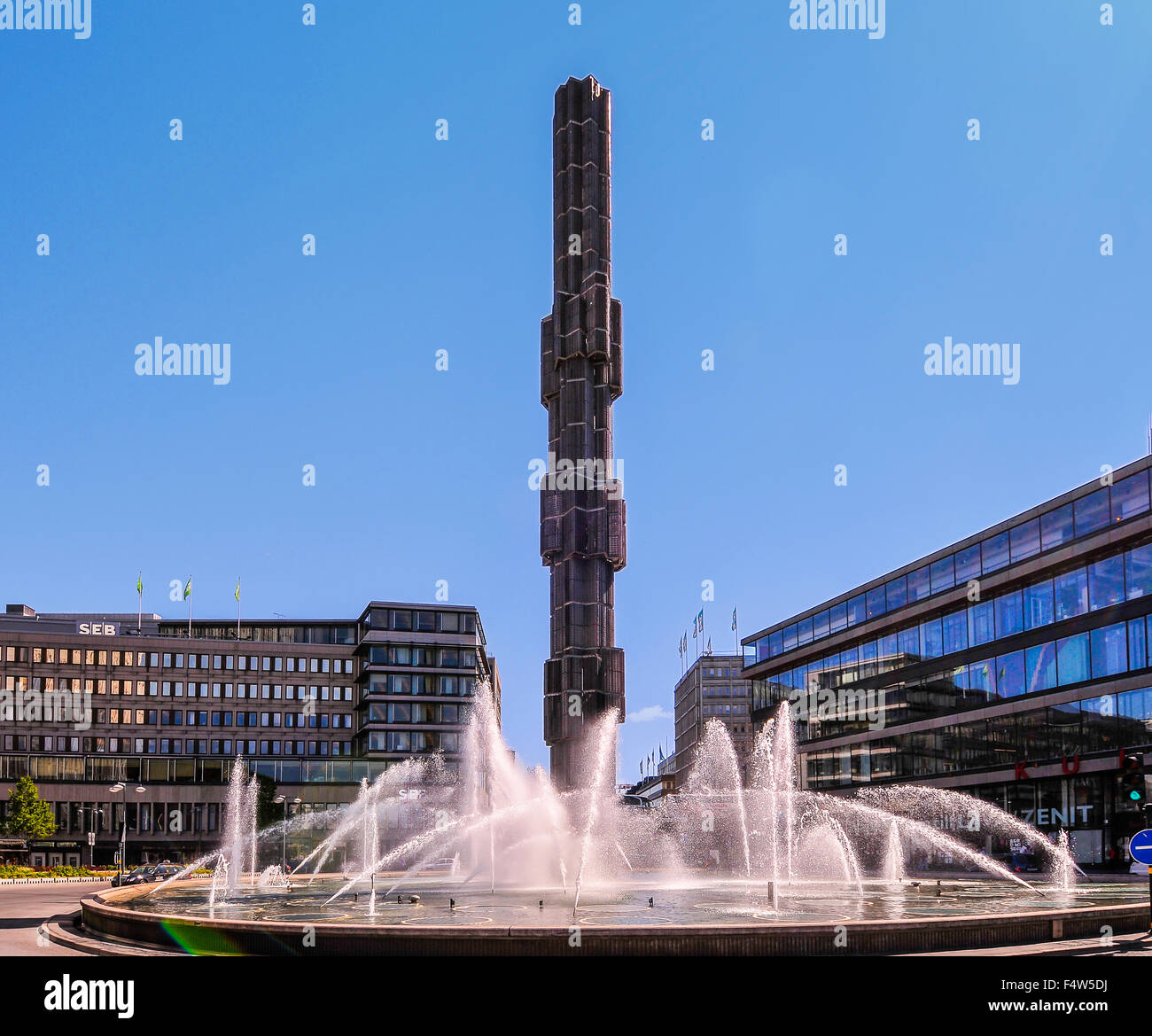 Sweden Stockholm Sergels Torg The glass obelisk and fountain in the ...