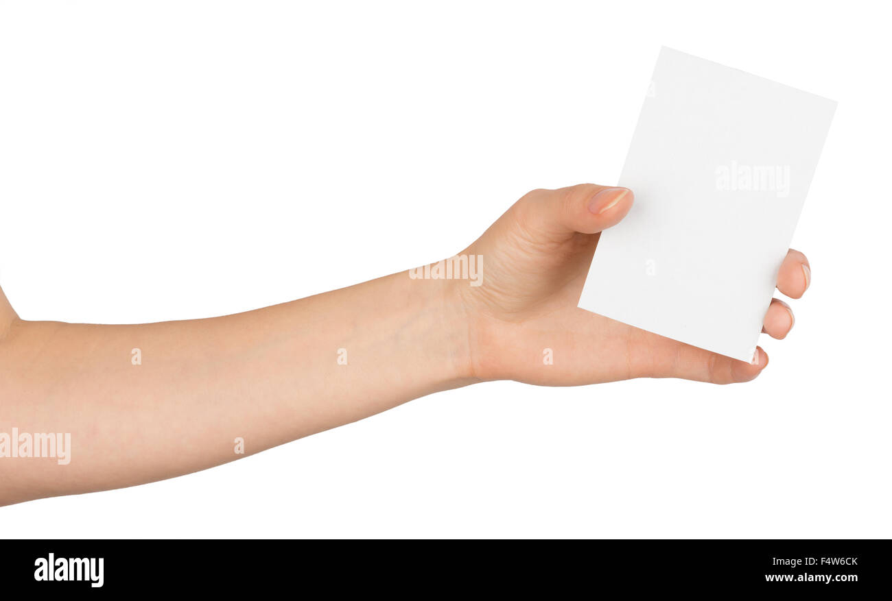 Humans left hand holding small blank paper Stock Photo - Alamy