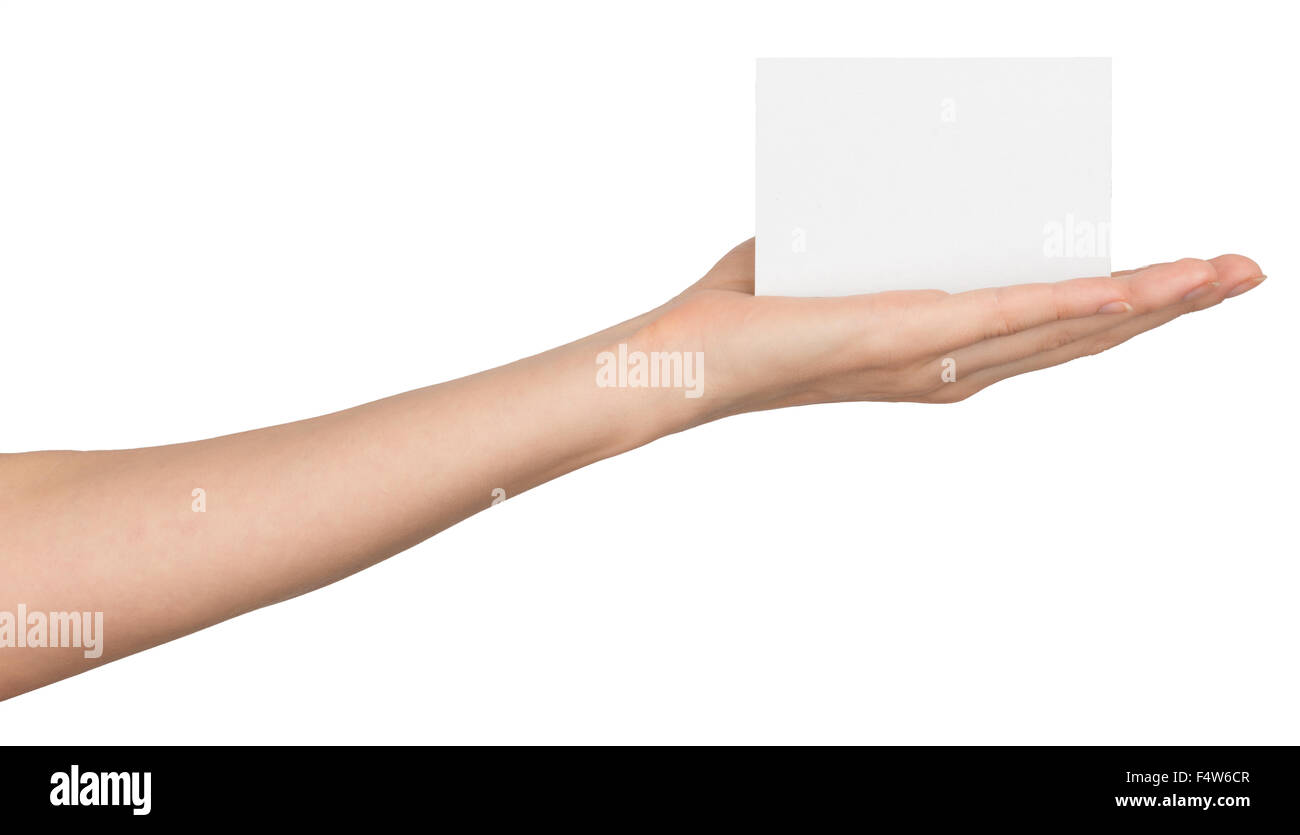 Womans hand with small empty card Stock Photo - Alamy