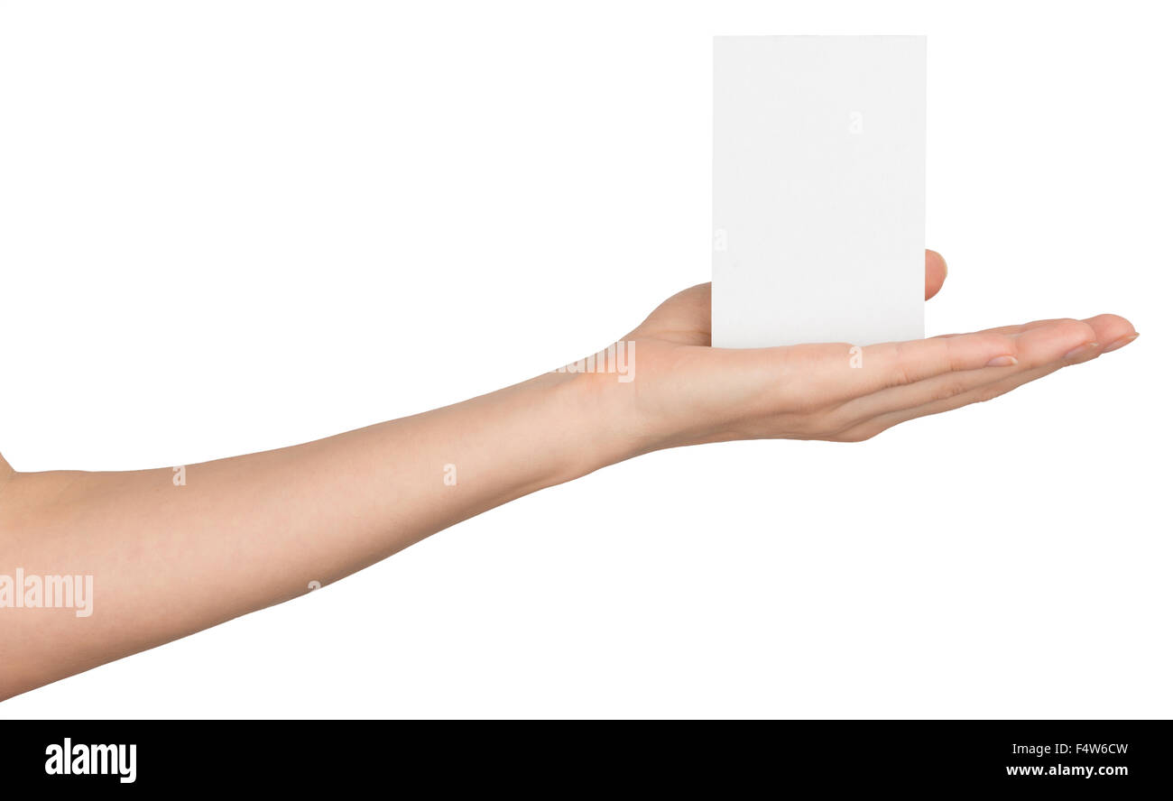 Womans hand with vertical empty card Stock Photo - Alamy