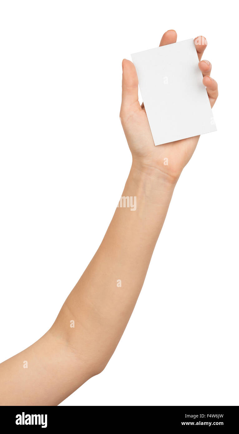 Girls hand with vertical small empty card Stock Photo - Alamy